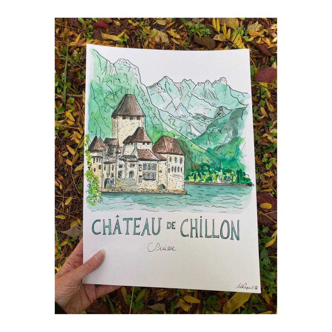 Original drawing of Castle of Chillon, Switzerland – AguaLuz Editions
